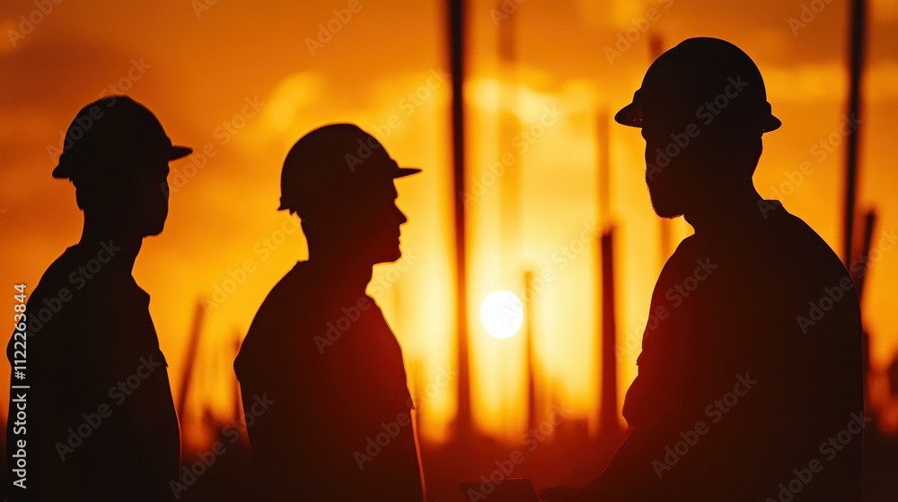 Construction workers collaborate on blueprints amidst a busy site ...
