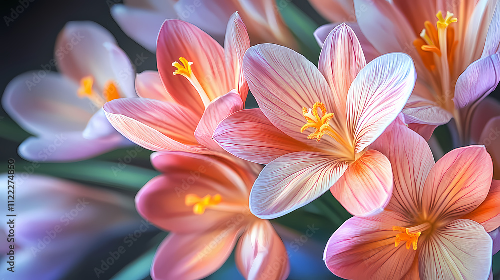 Extreme close-up of spring crocus, rosepink zephyr lily, zephyranthes ...