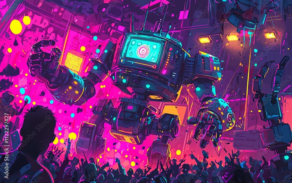 Futuristic robot birthday party, cartoon mechs celebrating with disco ...
