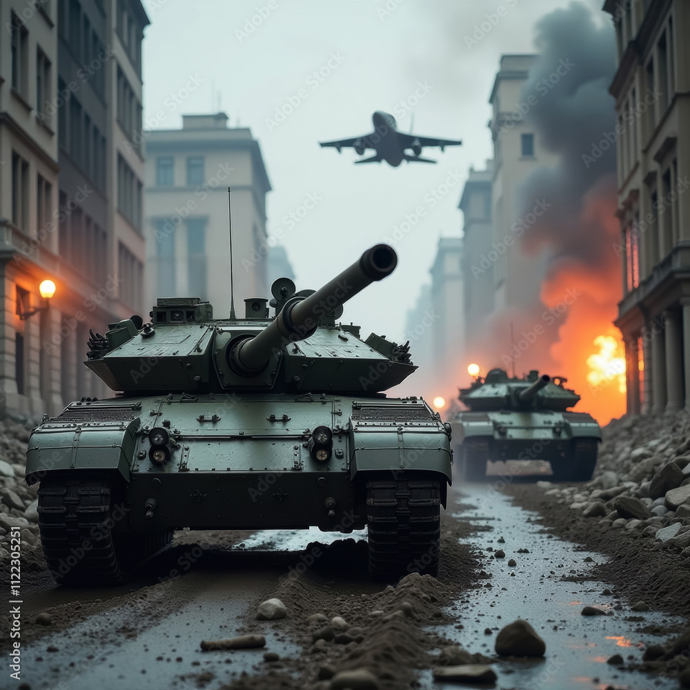 military tanks on the streets of a destroyed city during a military ...