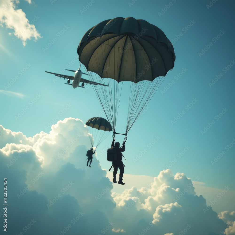 two military parachutists against the background of a flying plane and ...