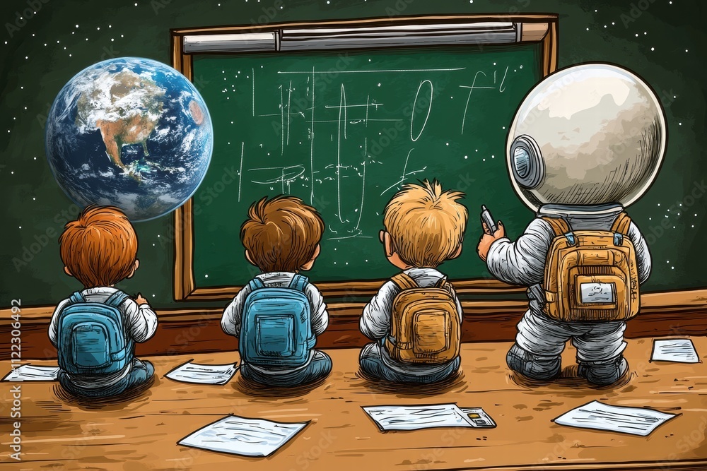 Children learning space science classroom illustration educational ...