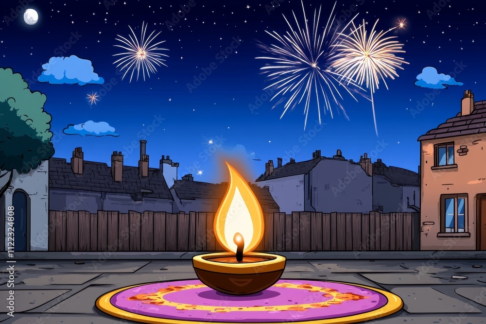 A pixel art scene of a Diwali celebration, with animated diyas ...