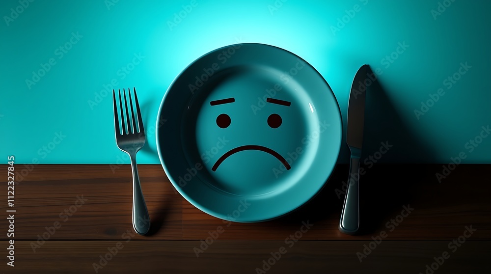 sad food face looking up from a plate on a wooden table, quirky ...