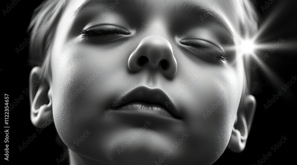 human face illuminated by digital light points in a minimalist, cosmic ...