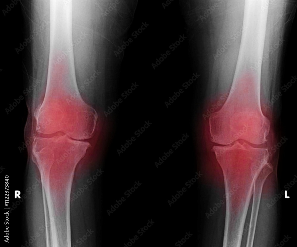 Knee osteoarthritis, coloured X-ray of the knees with osteoarthritis in ...