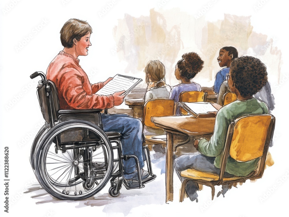 A teacher with a visible disability, using a wheelchair, engaging with ...