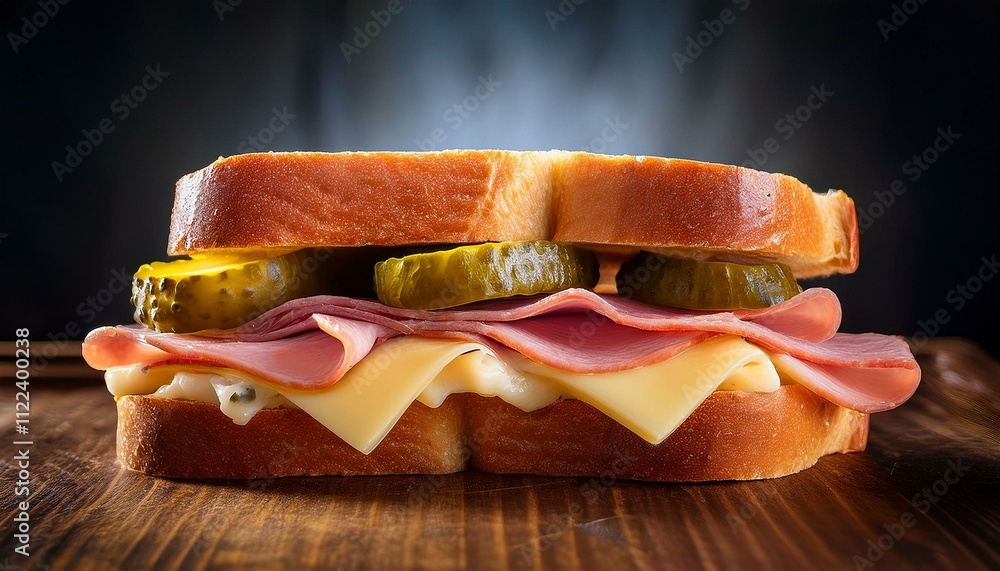 A close-up of a traditional Dutch sandwich (broodje) with cheese, ham ...