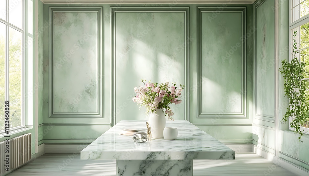 Elegant dining room with marble table and pastel green walls ...