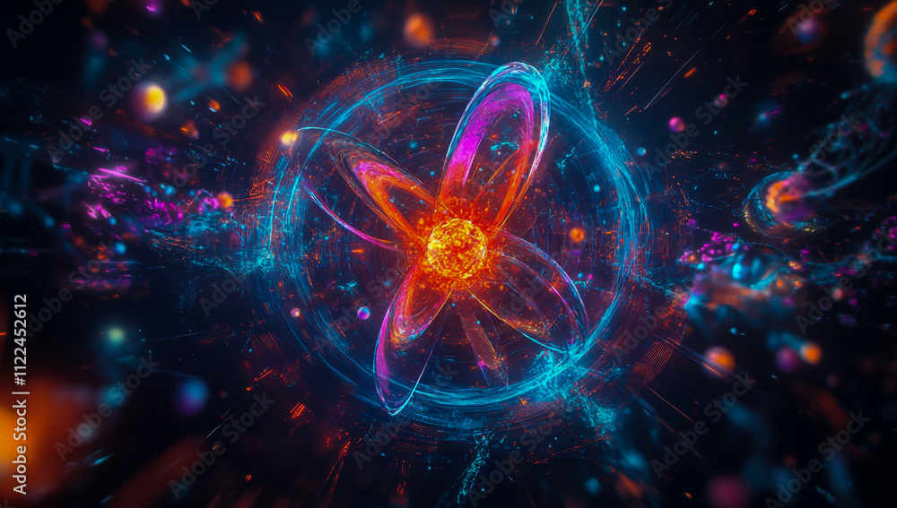 An atom of radioactive protons and electrons orbiting a vibrant center ...
