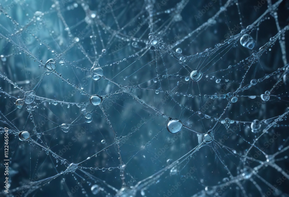 Oil and water droplets create an intricate web-like pattern on a glass surface in blue hues ...