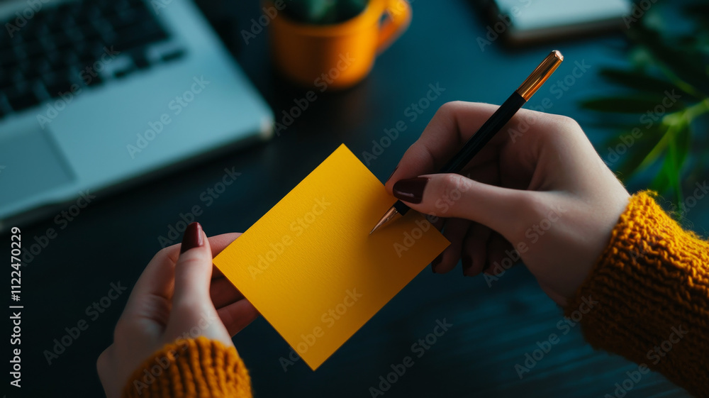 person writing thank you note on yellow card, surrounded by cozy ...