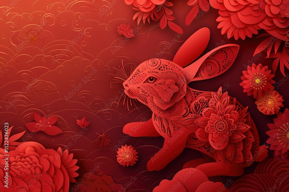 Stock-Foto „Card happy Chinese New Year 2025, Rabbit zodiac sign on red ...