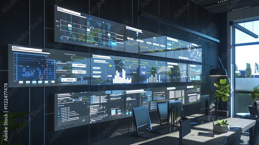 A futuristic office setting with multiple screens embedded into the walls, each showing ...