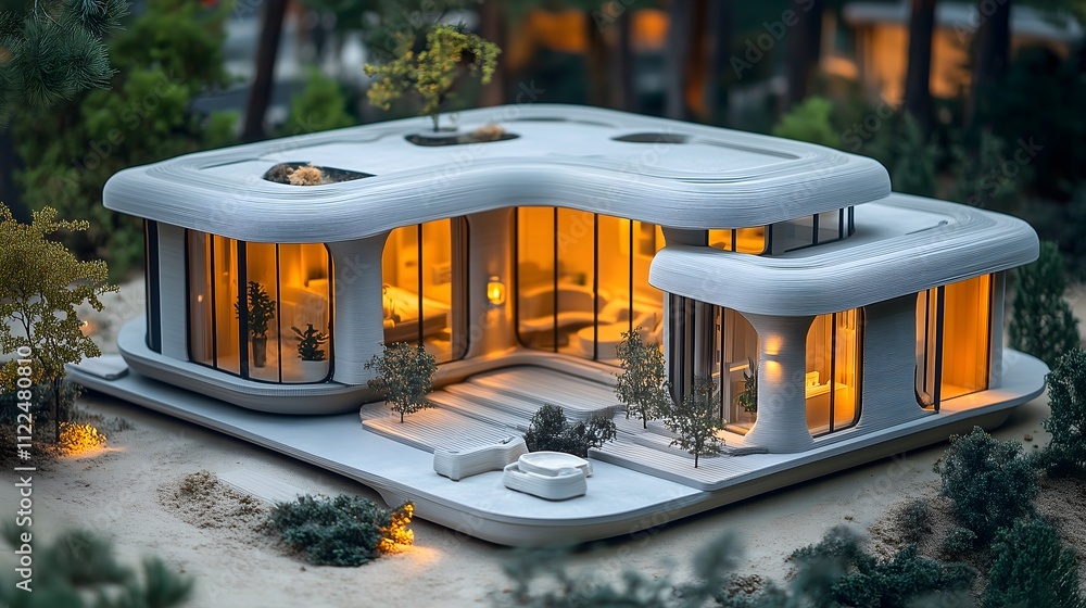 3D printed house model, the house has characteristic lines and design ...