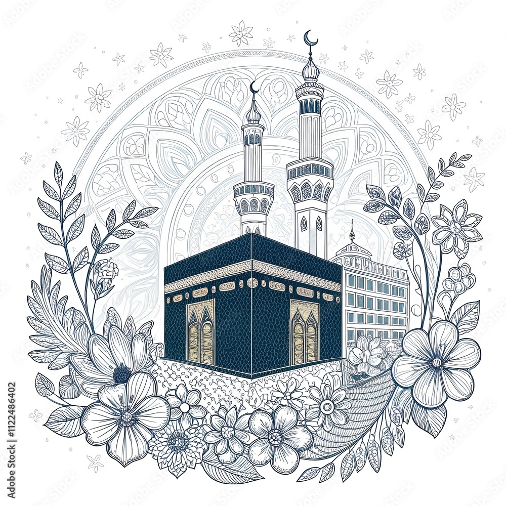 artistic illustration of the Kaaba with intricate patterns and mosque ...