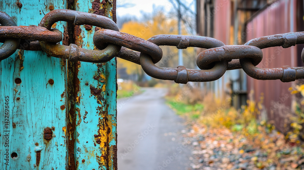 ภาพประกอบ Stock Closed factory gate with chain and padlock, symbolizing ...