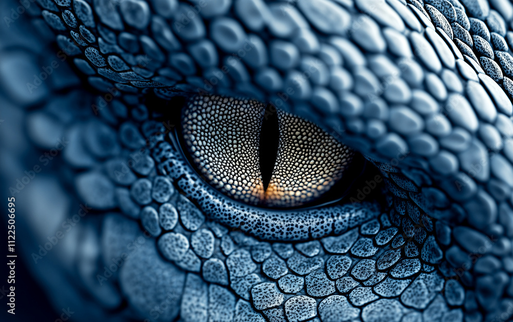 A close up of a blue dragon eye with a yellow pupil. The eye is surrounded by a pattern of small ...