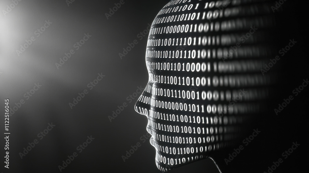 Brain rot concept. A human profile dissolving into binary code ...