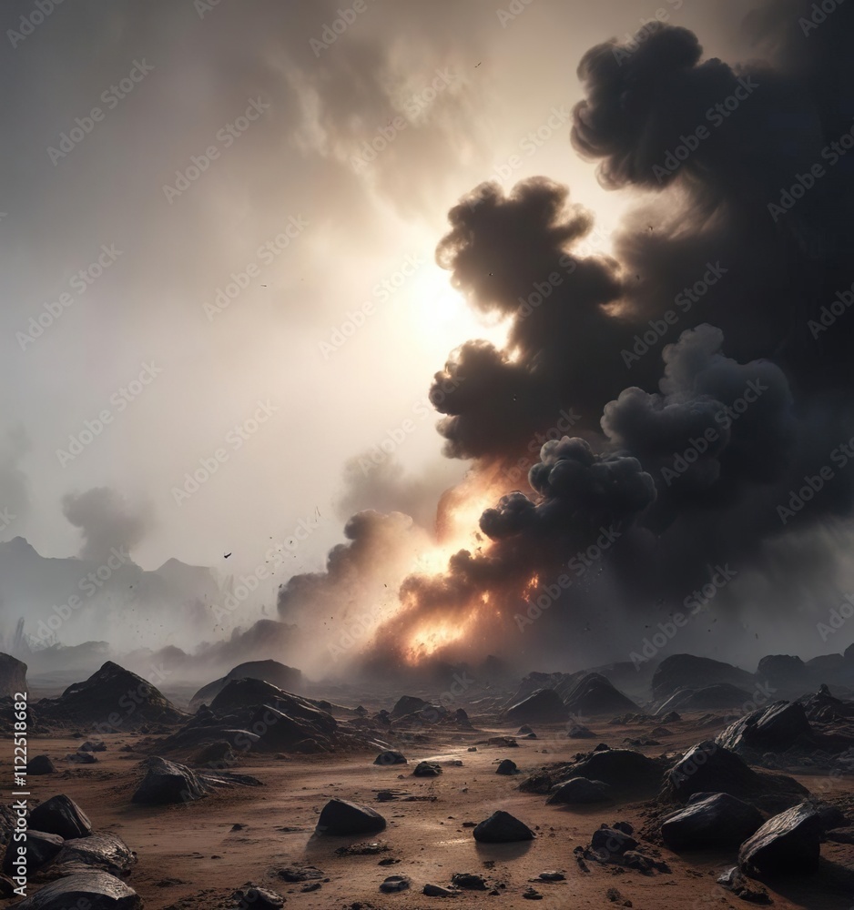 Dark smoke erupts from the ground, shrouding everything in a thick haze ...