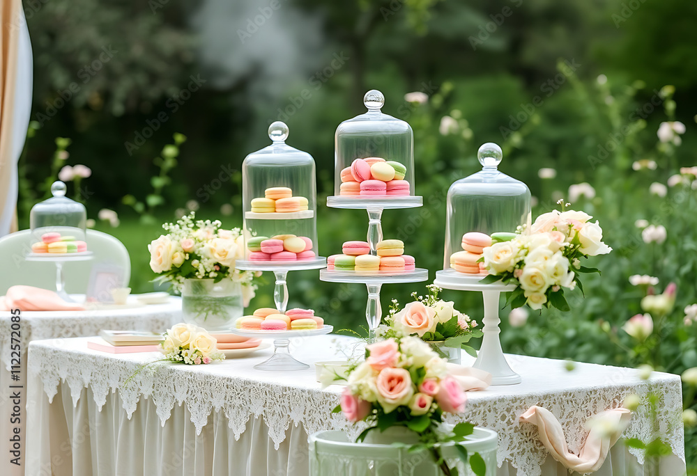 Elegant Dessert Table With Towering Macarons In Glass Domes, Surrounded ...