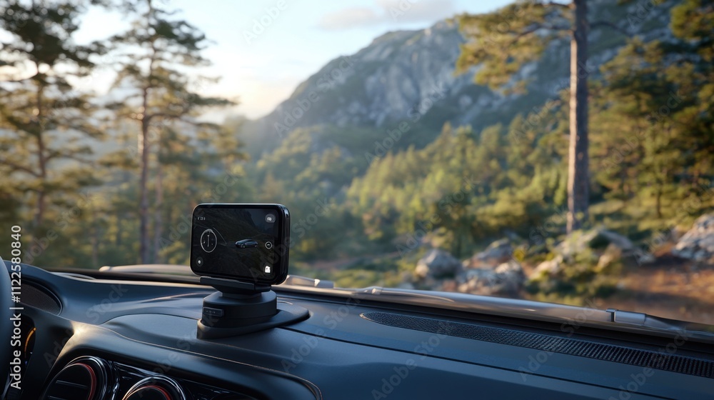 The image shows a car's dashboard with a GPS device, overlooking a ...