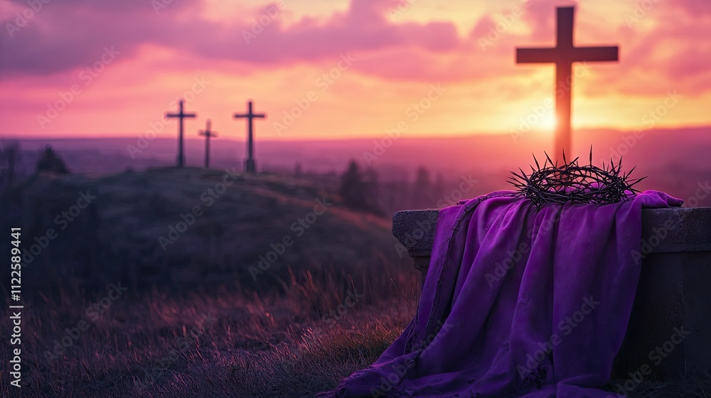 The crown of thorns and purple robe placed on a doorpost with the soft ...