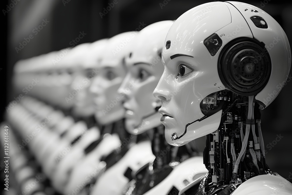 Black and white photograph of humanoid robots lined up in rows, each ...