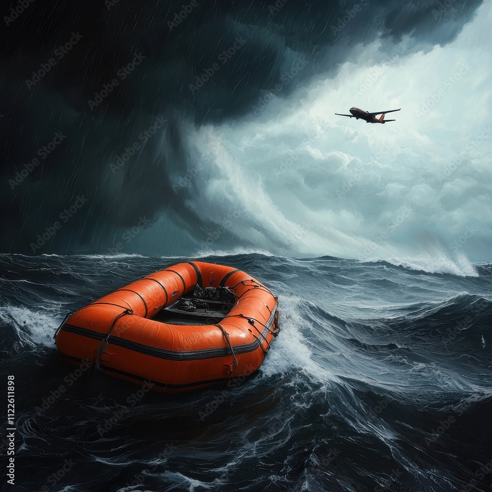 wilderness survival discovery concept. An orange lifeboat floats on ...