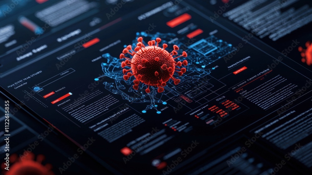Red virus particle displayed over digital medical infographic with data ...