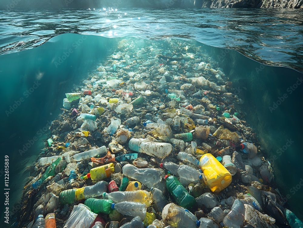River full of plastic waste, including bottles and bags, with aquatic ...