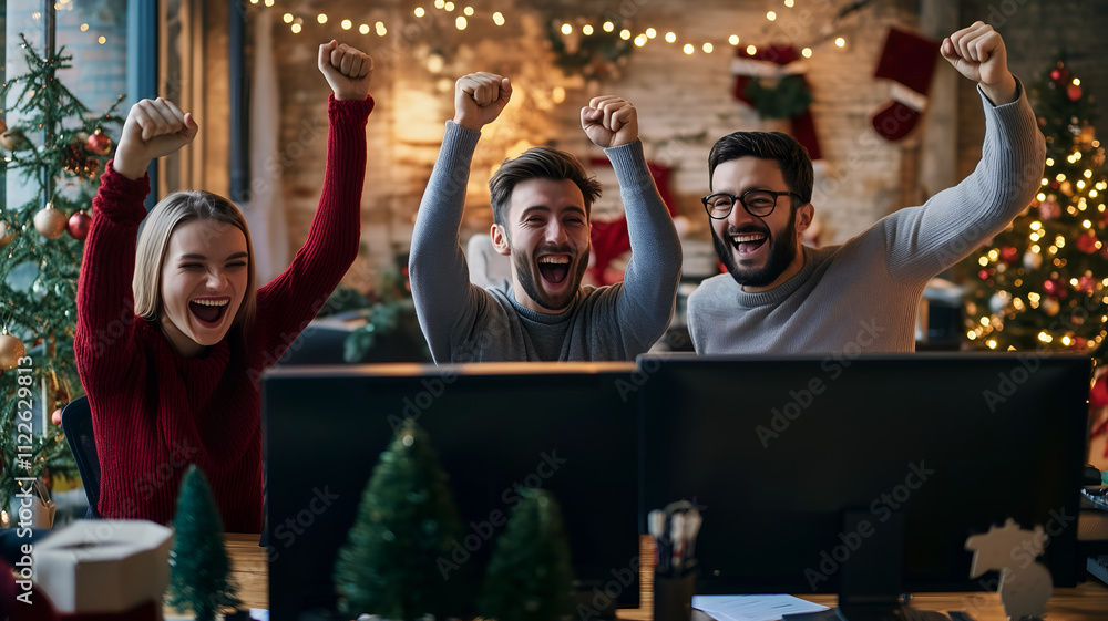 Friends wearing Santa hats celebrate happily in front of a computer ...