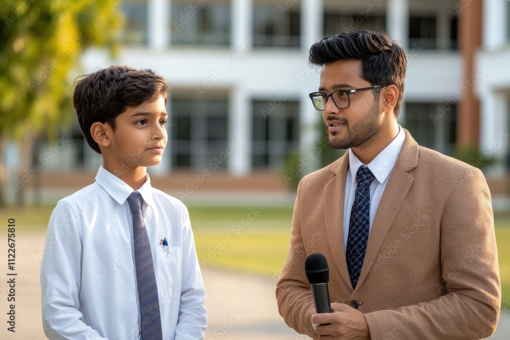 journalist interviewing an affluent school kid in front of a ...