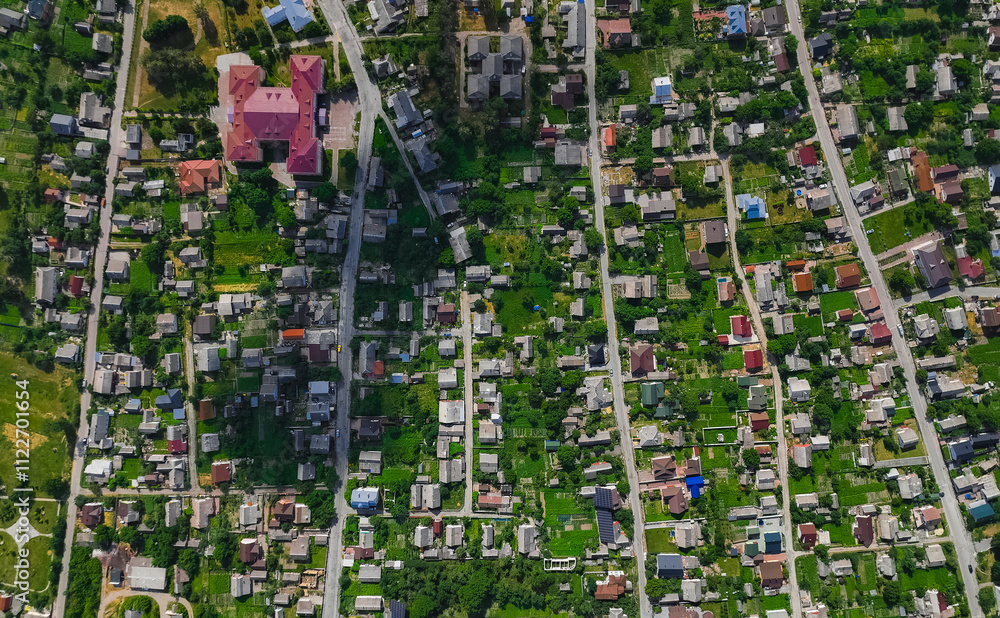 aerial city scape rural Europe living district with cottages buildings ...