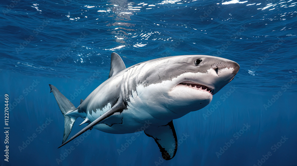 Majestic Great White Shark Swimming in Deep Blue Ocean, Streamlined ...