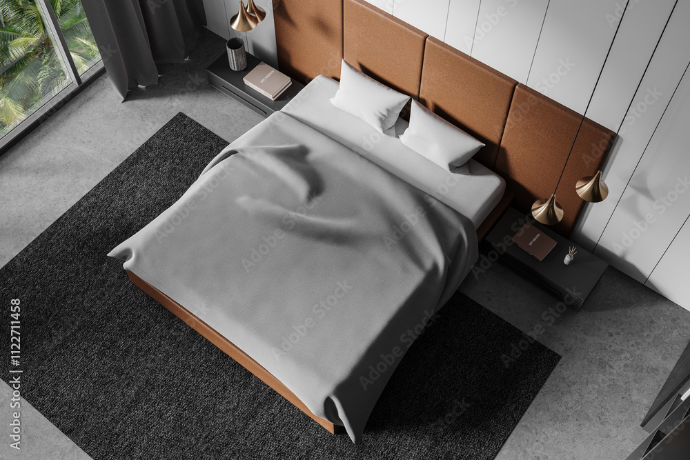 Modern bedroom interior with double bed, grey bedding, brown headboard, pendant lights, and side ...