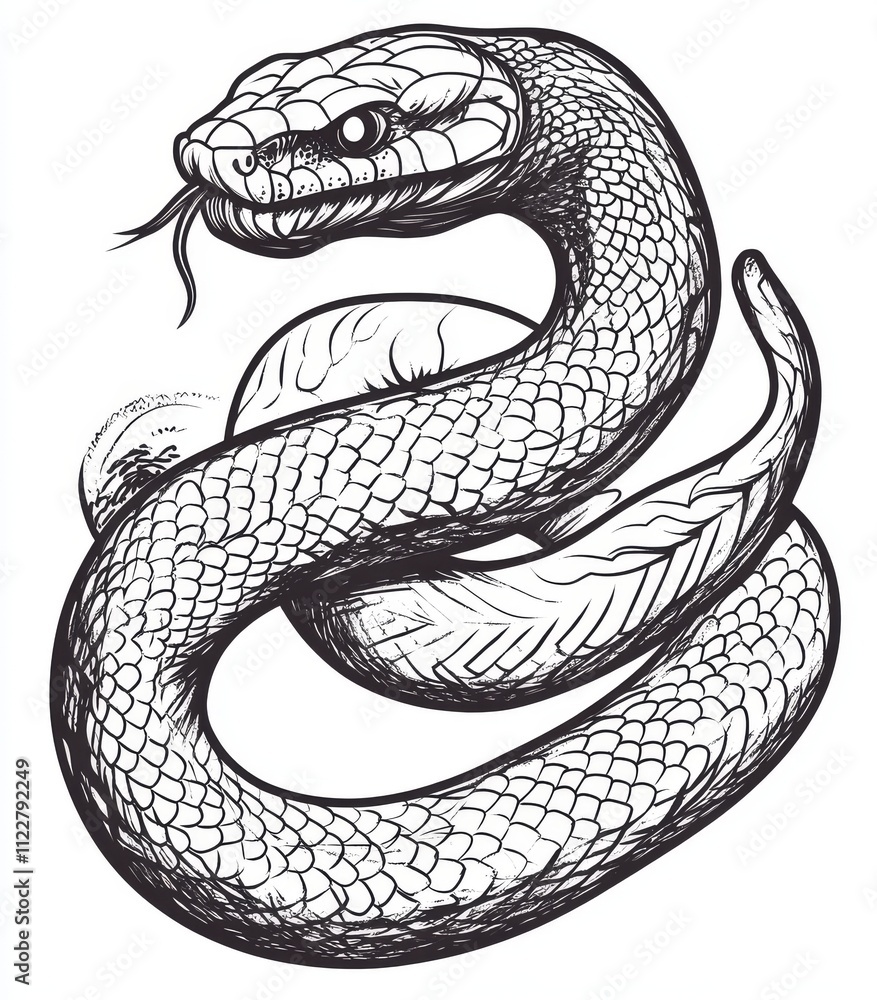 Black and white python clipart illustration. Monochrome image of a boa ...