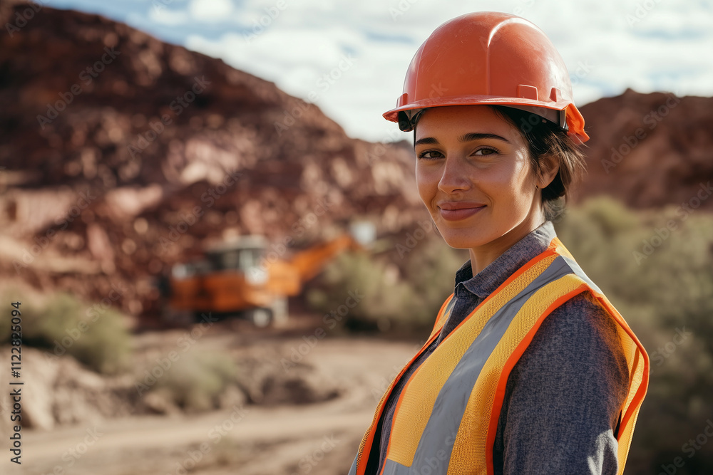 portrait of smiling poc female engineer on mine site wearing hard hat ...