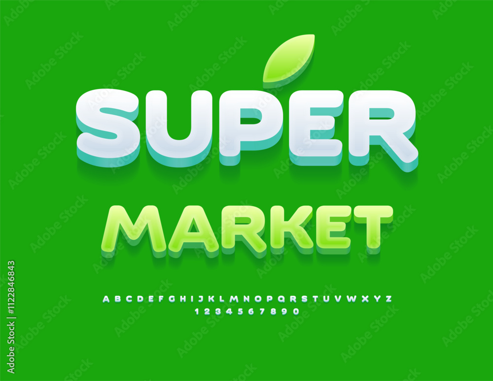 Vector eco signboard Super Market. Modern Green 3D Font. Trendy ...