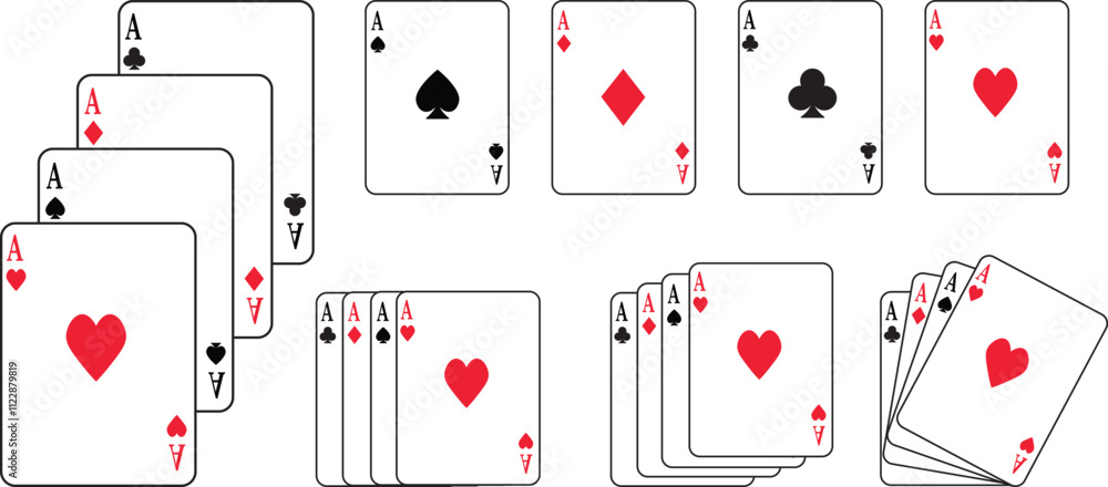 Playing cards icon set silhouette and editable red and black color flat ...