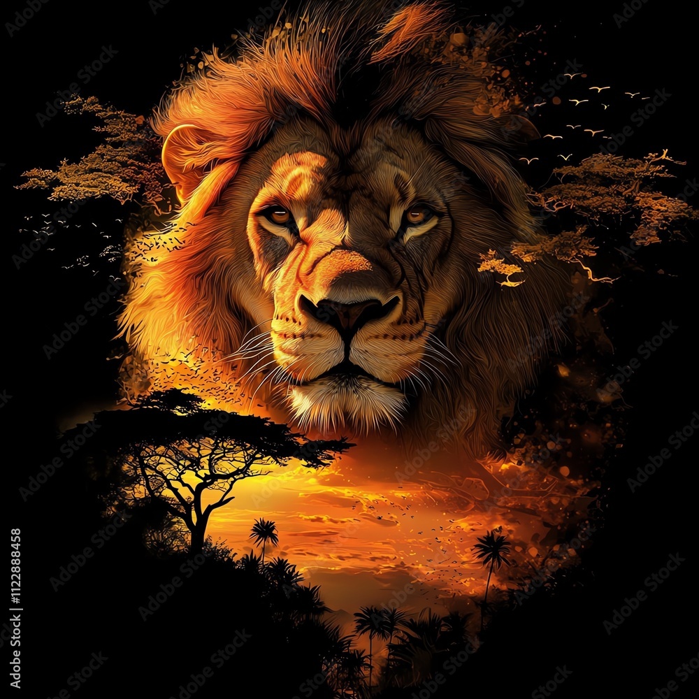 Lion's head merged with African savanna sunset, golden light bleeding ...