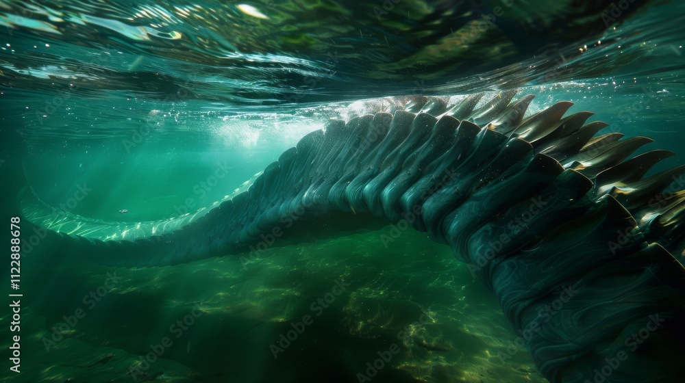A massive sea serpent glides through clear waters, sunlight streaming ...