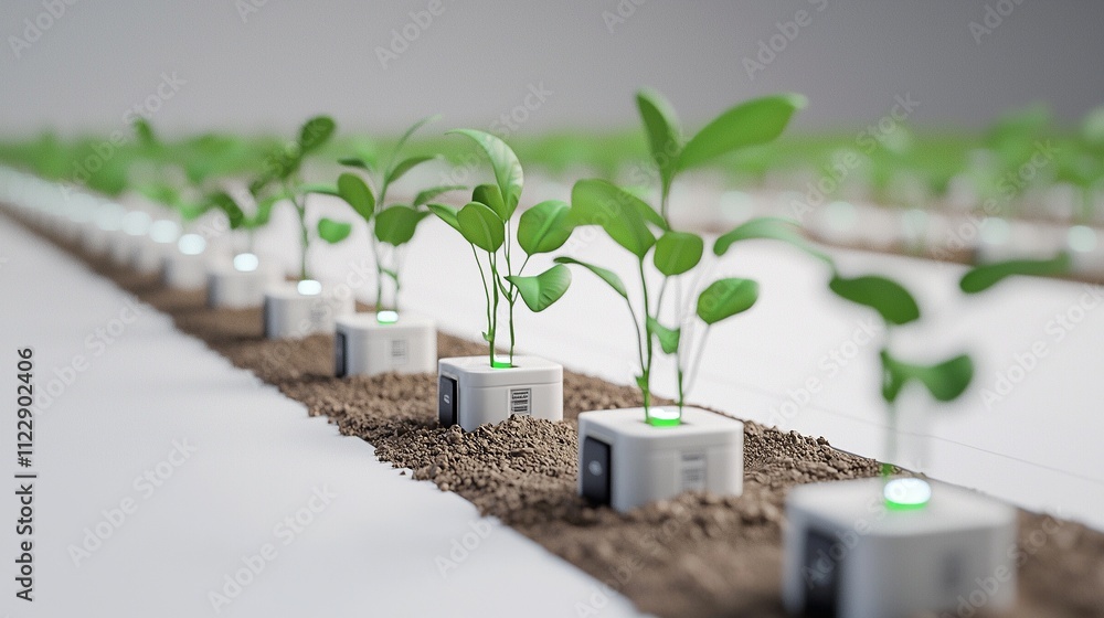 3D model of smart soil sensors placed in rows to monitor soil health ...