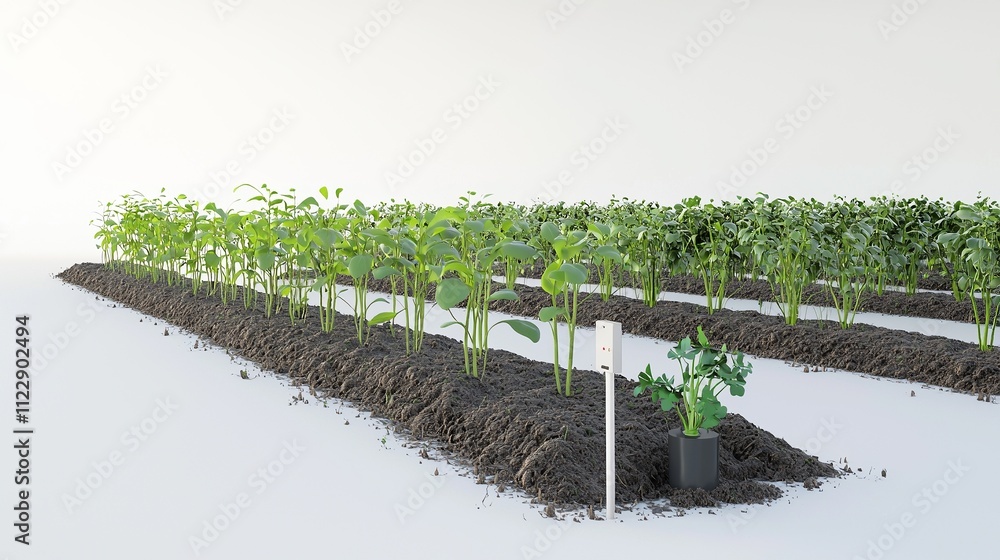 3D model of smart soil sensors placed in rows to monitor soil health ...