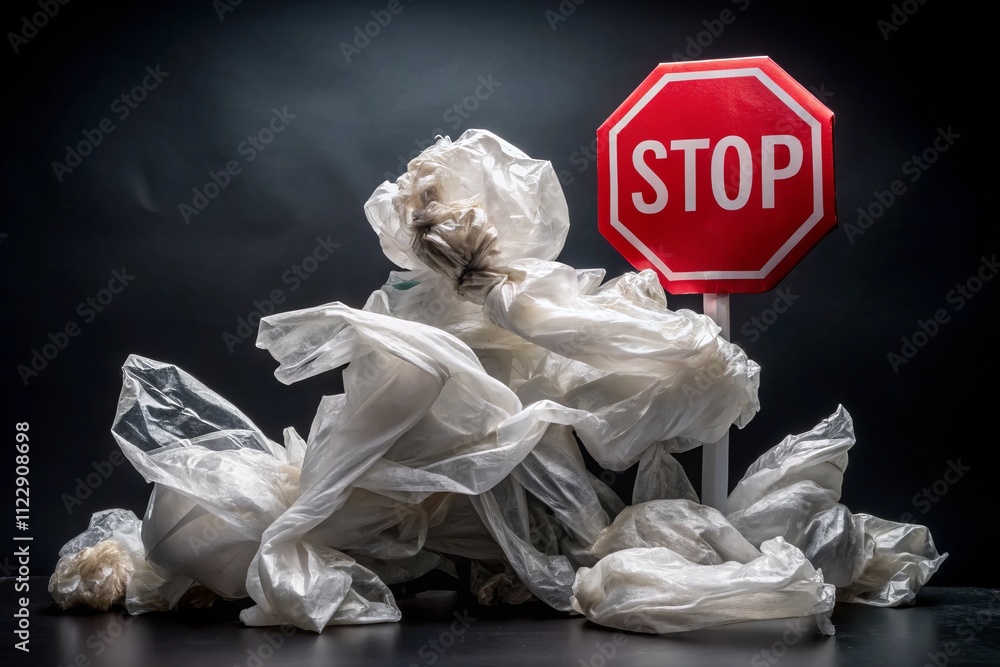 Close-Up of Crumpled Plastic Bags Interacting with a Stop Sign on Black ...