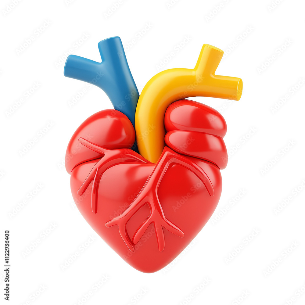 3D cartoon-style human heart icon with arteries, glossy texture ...