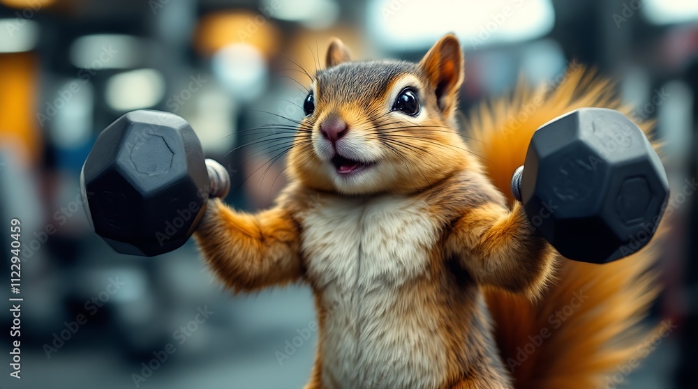 A cheerful squirrel is depicted sitting on a rowing machine, like a ...
