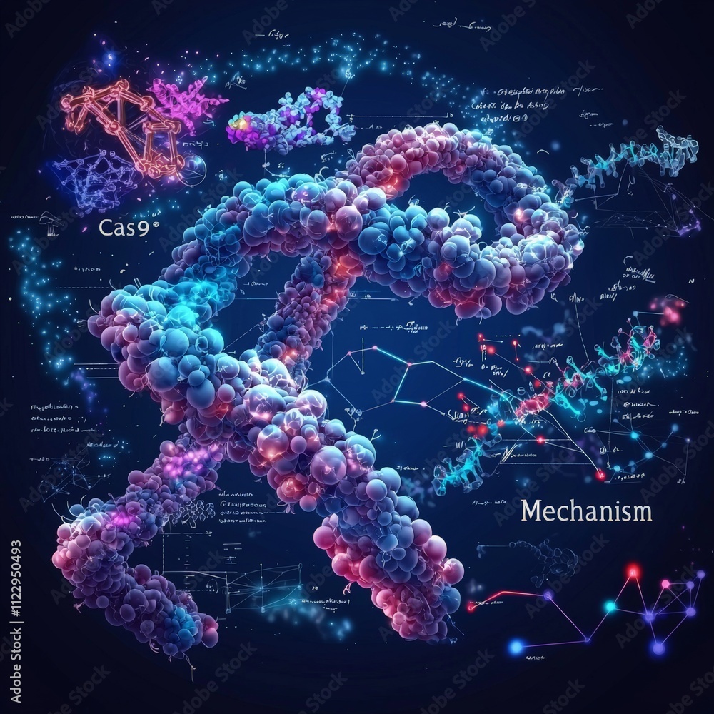 A highly detailed 3D illustration of the CRISPR-Cas9 gene-editing ...