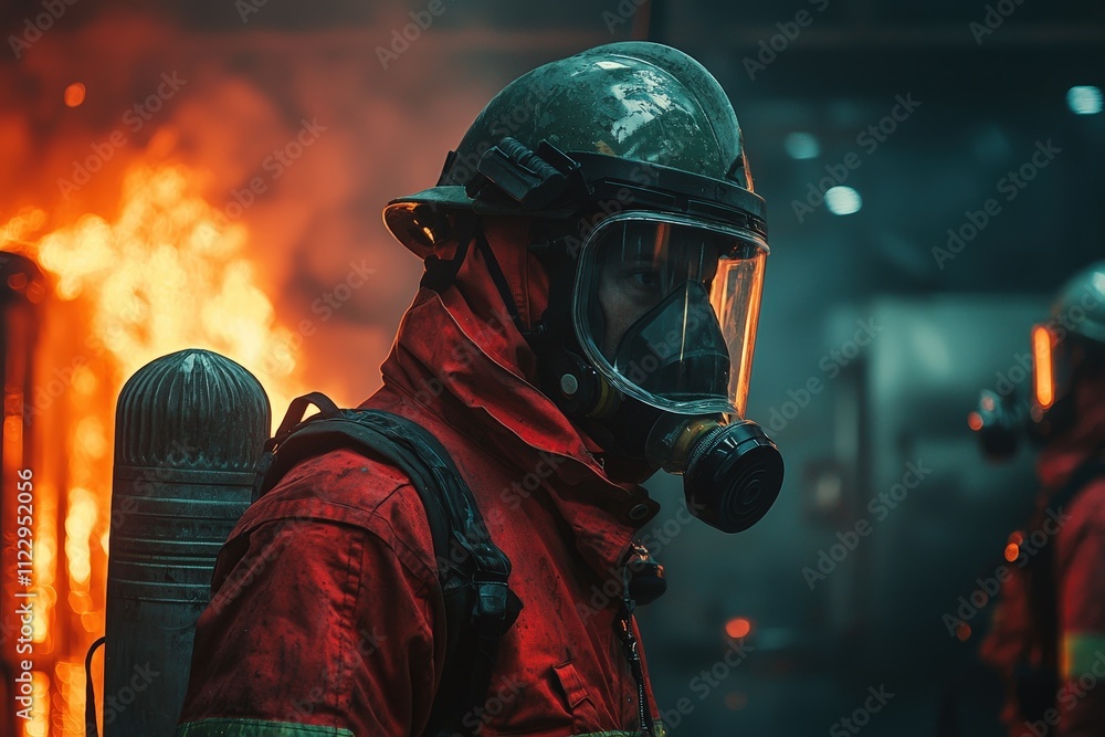 Firefighter is engaged in fire suppression with the help of ...