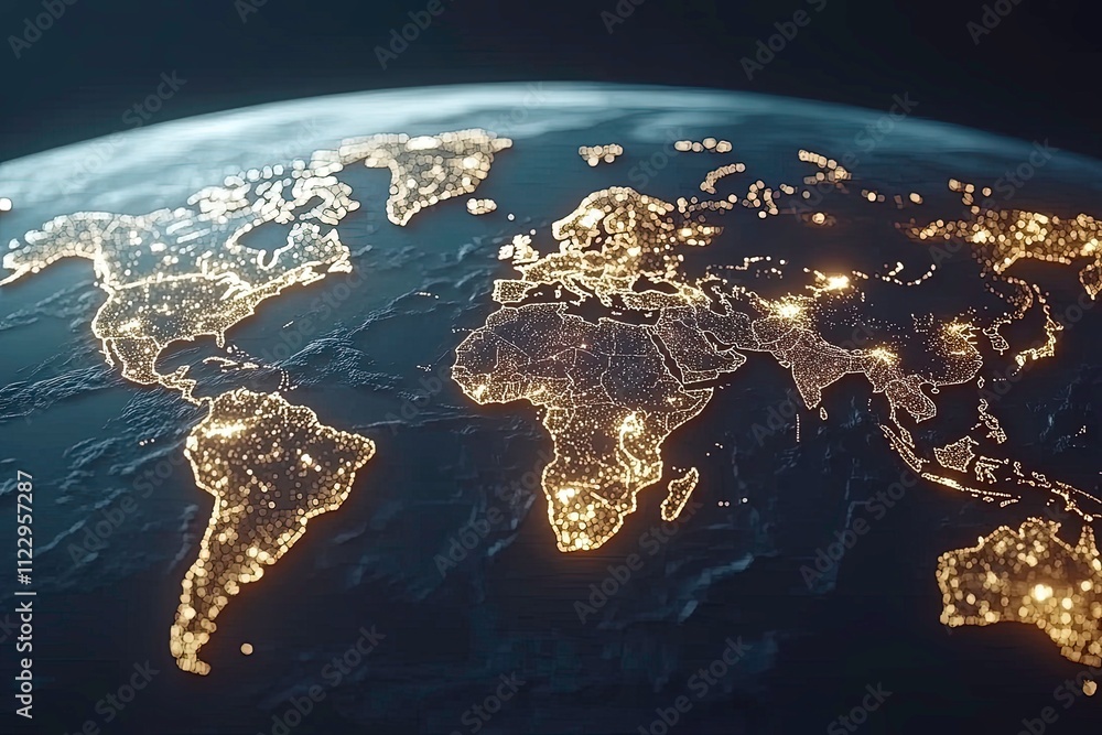Detailed Global Map Illuminated at Night Showing City Lights and Major ...